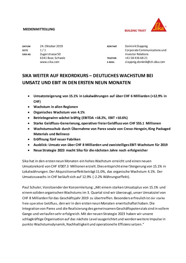 Sika on Track for Record Results - Strong Growth in Sales and EBIT in ...