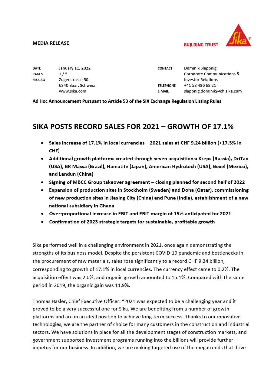 Sika Posts Record Sales for 2021 - Growth of 17.1%